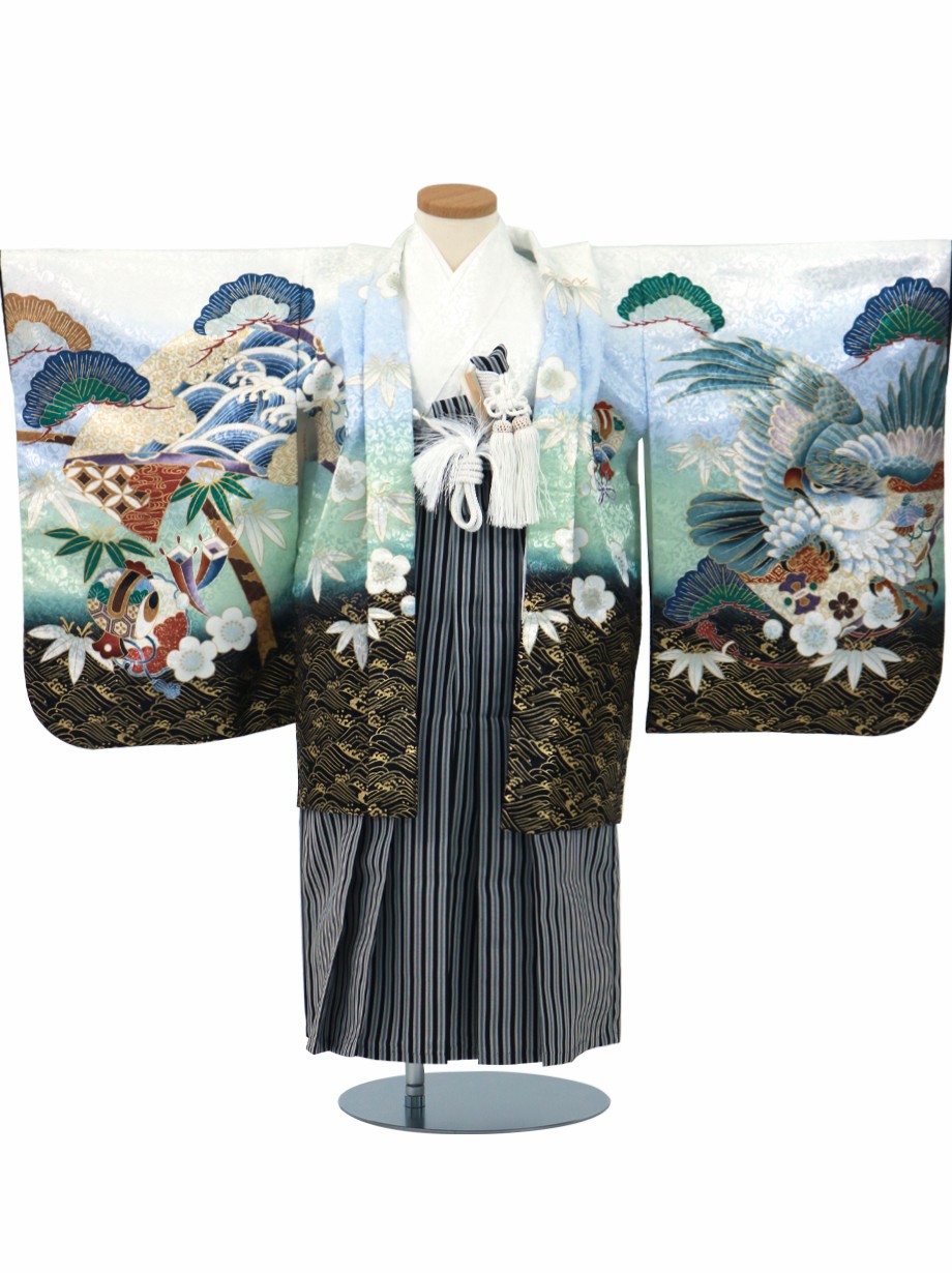 白地に鷹と松、黒縞の袴／小さめサイズ／七五三・五歳男の子・袴｜宅配着物レンタルの京都かしきもの