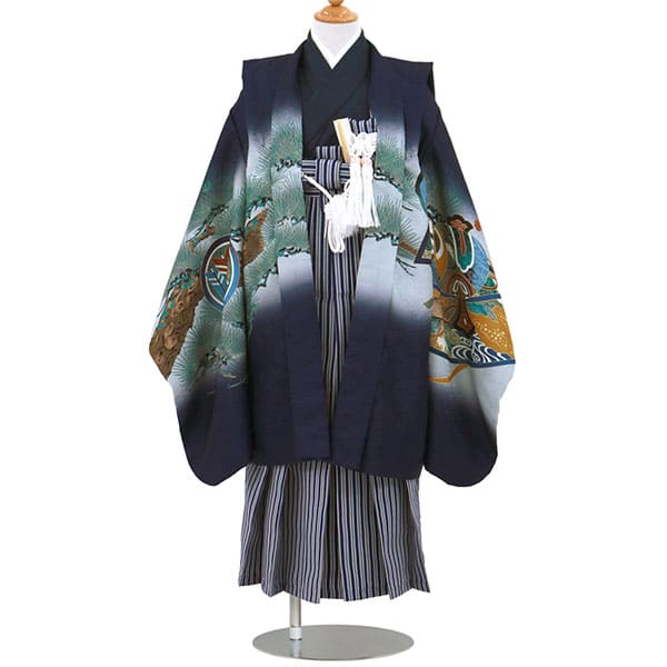 紺地に兜と巻物、紺縞の袴／七五三・五歳男の子・袴｜宅配着物レンタルの京都かしきもの